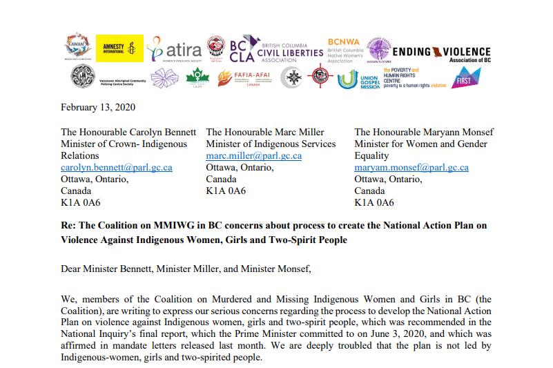 Letter from BC Coalition MMIWG regarding process and timeline of the ...