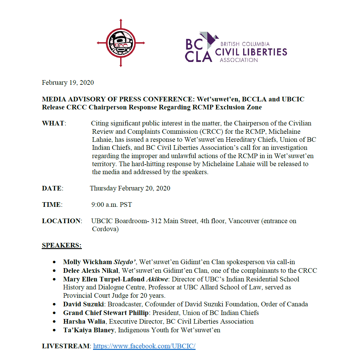 MEDIA ADVISORY OF PRESS CONFERENCE: Wet’suwet’en, BCCLA and UBCIC ...