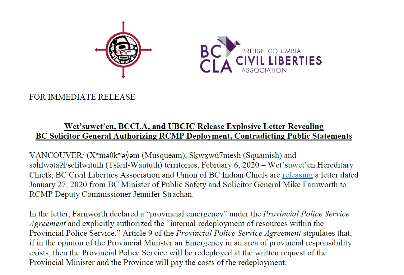 PRESS RELEASE: Wet’suwet’en, BCCLA, and UBCIC Release Explosive Letter ...